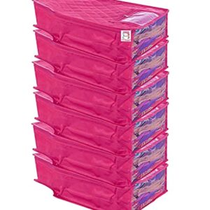 atorakushon 6 Piece Fabric Satin Blouse Cover Clothes Storage Bag Set With Transparent Window Wardrobe Garments Organizers (Pink)