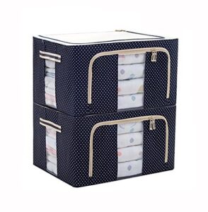 jjmg stackable storage box polka dots oxford cloth steel frame shelf quilt clothing blanket pillow shoe holder container organizer see-through window double zipper folding - dark blue (2 pack x 66l)