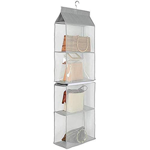 Detachable 4 Compartment Organizer Pouch Hanging Handbag Organizer Clear Purse Bag Collection Storage Holder Wardrobe Closet Space Saving Organizer (Gray)