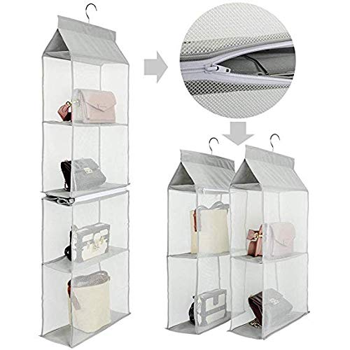 Detachable 4 Compartment Organizer Pouch Hanging Handbag Organizer Clear Purse Bag Collection Storage Holder Wardrobe Closet Space Saving Organizer (Gray)