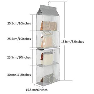 Detachable 4 Compartment Organizer Pouch Hanging Handbag Organizer Clear Purse Bag Collection Storage Holder Wardrobe Closet Space Saving Organizer (Gray)