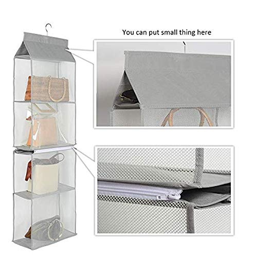 Detachable 4 Compartment Organizer Pouch Hanging Handbag Organizer Clear Purse Bag Collection Storage Holder Wardrobe Closet Space Saving Organizer (Gray)