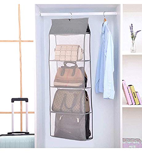 Detachable 4 Compartment Organizer Pouch Hanging Handbag Organizer Clear Purse Bag Collection Storage Holder Wardrobe Closet Space Saving Organizer (Gray)