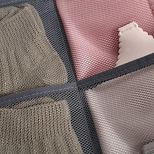 Dual Sided Hanging Closet Mesh Pockets Organizer for Underwear, Stocking, Bra and Sock (2 Packs, Grey: 12+24 Pockets; Pink：12+18 Pockets)