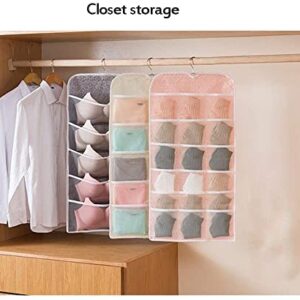 Dual Sided Hanging Closet Mesh Pockets Organizer for Underwear, Stocking, Bra and Sock (2 Packs, Grey: 12+24 Pockets; Pink：12+18 Pockets)