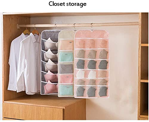 Dual Sided Hanging Closet Mesh Pockets Organizer for Underwear, Stocking, Bra and Sock (2 Packs, Grey: 12+24 Pockets; Pink：12+18 Pockets)