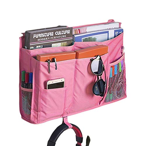 Bedside Caddy Improved With 3 POM Buckles -Hanging Organizer For Phone, Tablet, Accessory&TV Remote - Best For Dorm Room, Bunk Bed, Hospital Bed, Bed Rail, Headboard, Apartment, Bathroom&Travel (Pink)