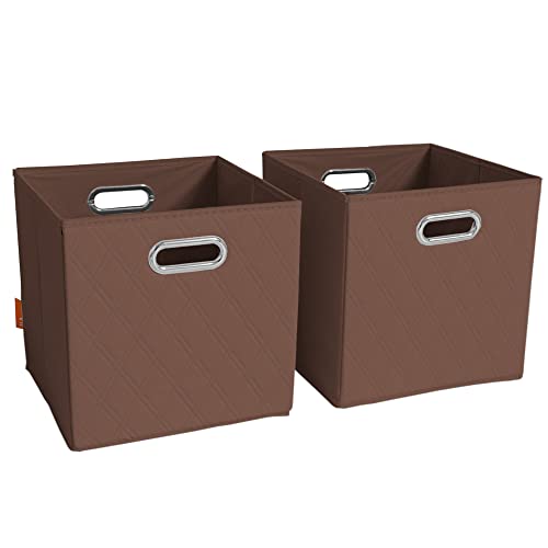 JIAessentials 11 inch Brown Foldable Diamond Patterned Faux Leather Storage Cube Bins Set of Two with Handles for living room, bedroom and office storage