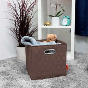 JIAessentials 11 inch Brown Foldable Diamond Patterned Faux Leather Storage Cube Bins Set of Two with Handles for living room, bedroom and office storage