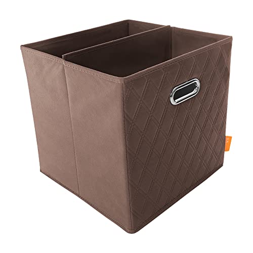 JIAessentials 11 inch Brown Foldable Diamond Patterned Faux Leather Storage Cube Bins Set of Two with Handles for living room, bedroom and office storage