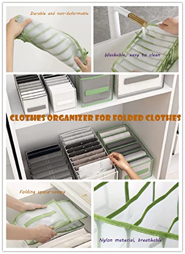 Upgraded 7 Grids Wardrobe Clothes Organizer for Drawer, Clothes Organizer for Folded Clothes, Jean Storage Organizers for Closet T-shirt Pants Legging (Green, 2Pcs)