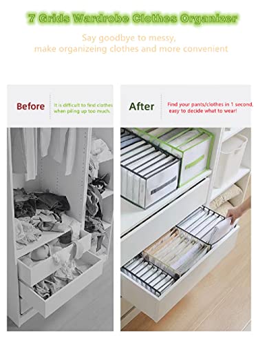 Upgraded 7 Grids Wardrobe Clothes Organizer for Drawer, Clothes Organizer for Folded Clothes, Jean Storage Organizers for Closet T-shirt Pants Legging (Green, 2Pcs)