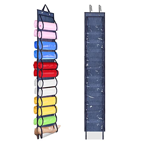 TOFGZ Legging Storage Bag Hanger, for Hanging Closet/Shoe Hanger/ Organizer Door, Foldable Pants T-shirst Yoga Leggings Organizer, with 24 Separate compartments Rolls ( Blue ) (QA001)