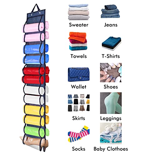 TOFGZ Legging Storage Bag Hanger, for Hanging Closet/Shoe Hanger/ Organizer Door, Foldable Pants T-shirst Yoga Leggings Organizer, with 24 Separate compartments Rolls ( Blue ) (QA001)