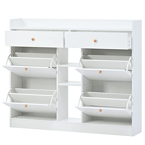 P PURLOVE Storage Shoe Cabinet, Modern Shoe Storage Cabinet with 4 Flip Drawers, Multifunctional 2-Tier Shoe Storage Organizer with 2 Drawers, Wooden Shoe Rack for Entrance, White