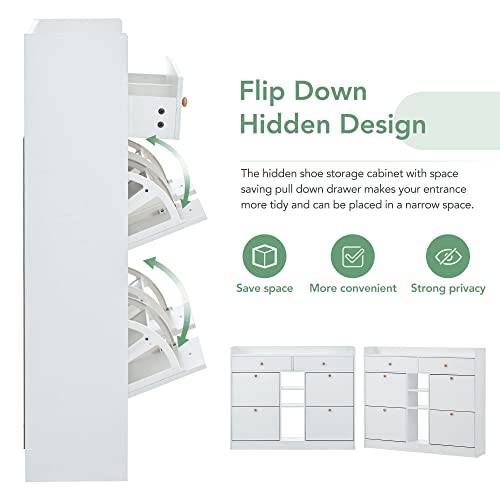 P PURLOVE Storage Shoe Cabinet, Modern Shoe Storage Cabinet with 4 Flip Drawers, Multifunctional 2-Tier Shoe Storage Organizer with 2 Drawers, Wooden Shoe Rack for Entrance, White