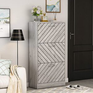 didugo shoe cabinet with 3 flip drawers, slanted design, shoe organizer for hallway entryway light grey (22.4”w x 9.4”d x 42.3”h)