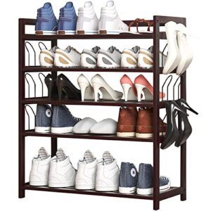 bamboo shoe rack,sundries rack kitchen shelf 5 tier wooden shoe shelf storage organizer with additional hangers,perfect for entryway,hallway, bathroom closet or living room (brown)