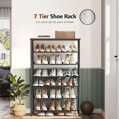 TUTOTAK Shoe Rack 7 Tier, Narrow Shoe Organizer for Closet Entryway, with 6 Fabric Shelves and Top for Bags, Shoe Shelf, Steel Frame, Industrial, Rustic Brown and Black SR01BB023