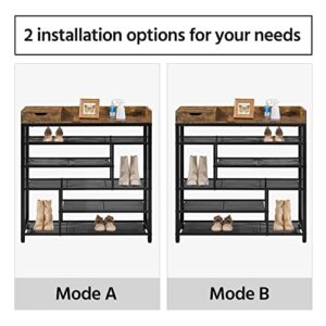 Yaheetech Shoe Rack with Storage Box, Multi-Layer Shoe Storage Cabinet, Industrial Shoe Organizer with Storage Shelves and Wood Top for Hallway, Entryway, Rustic Brown