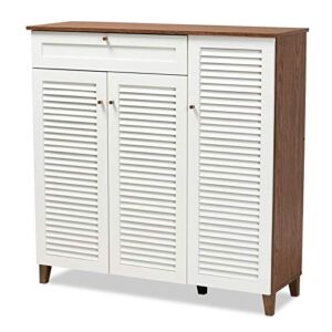 baxton studio coolidge modern and contemporary walnut finished 11-shelf wood shoe storage cabinet with drawer