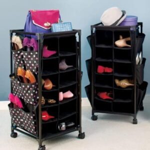 Fashionable Rolling Shoe Storage Unit with Fabric Cubbies - Polka Dot