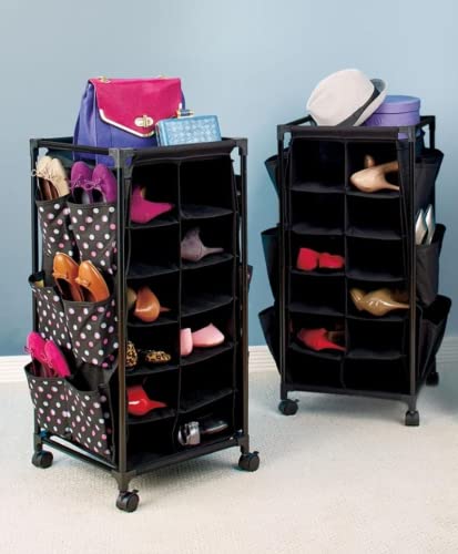 Fashionable Rolling Shoe Storage Unit with Fabric Cubbies - Polka Dot