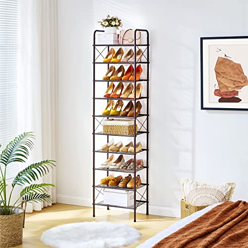 Tajsoon 10-Tier Shoe Rack Organizer, Narrow Shoe Rack for Closet Entryway, Metal Mesh Shoe Storage Shelf with X Shape Fixed Frame, Bronze