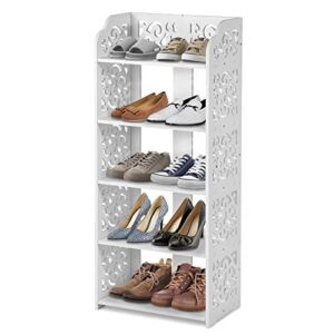 white shoe rack, 5 tier modern wooden shoe storage shelf wood narrow shoe stand organizer for home living room bedroom hallway entryway closet