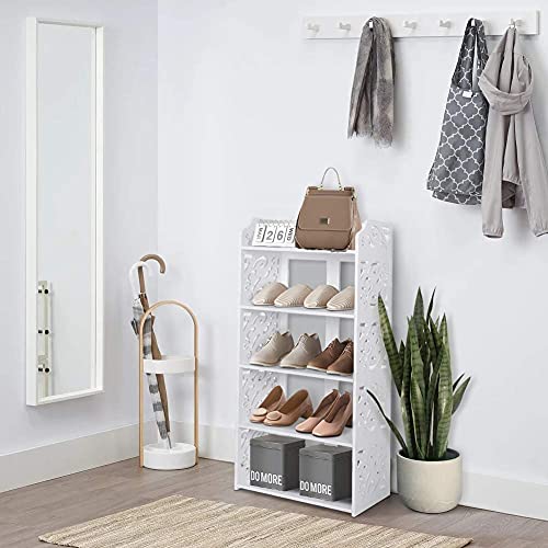 White Shoe Rack, 5 Tier Modern Wooden Shoe Storage Shelf Wood Narrow Shoe Stand Organizer for Home Living Room Bedroom Hallway Entryway Closet