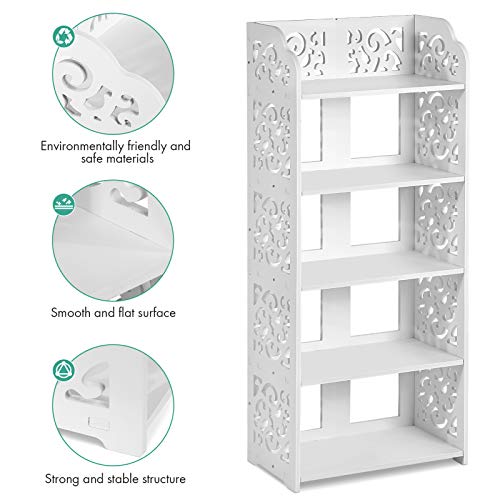 White Shoe Rack, 5 Tier Modern Wooden Shoe Storage Shelf Wood Narrow Shoe Stand Organizer for Home Living Room Bedroom Hallway Entryway Closet