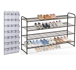 aooda 28 large mesh pockets over the door shoe organizer, 4 tier long metal shoe organizer for closet, 2 item bundle