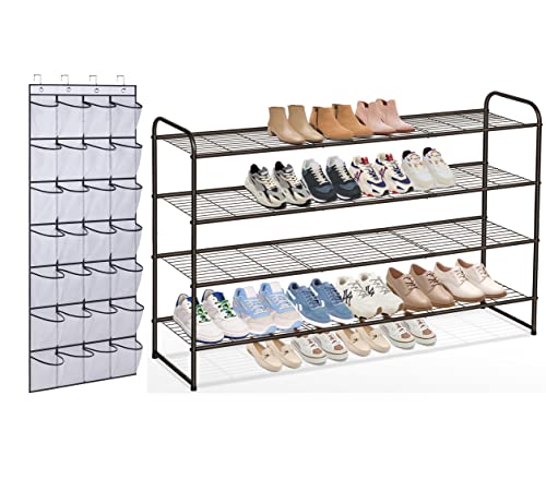 AOODA 28 Large Mesh Pockets Over The Door Shoe Organizer, 4 Tier Long Metal Shoe Organizer for Closet, 2 Item Bundle