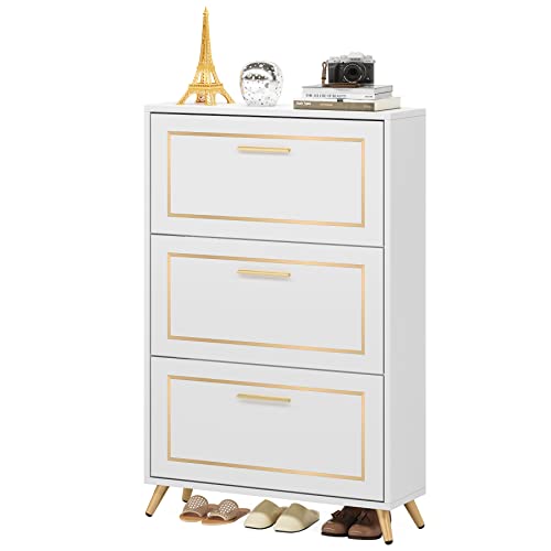 LITTLE TREE Mid-Century Modern White and Gold 3 Flip Drawers Shoe Storage Cabinet for Entryway