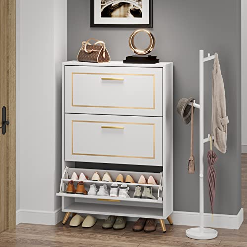 LITTLE TREE Mid-Century Modern White and Gold 3 Flip Drawers Shoe Storage Cabinet for Entryway