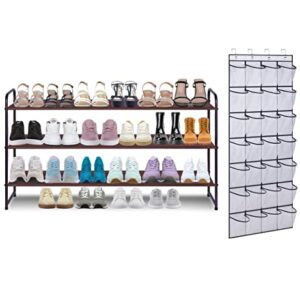 AOODA 3 Tier Long Shoe Rack for Closet Wide Shoe Organizer Storage, 28 Mesh Large Pockets Over The Door Shoe Organizer, 2 Item Bundle