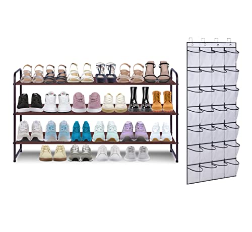 AOODA 3 Tier Long Shoe Rack for Closet Wide Shoe Organizer Storage, 28 Mesh Large Pockets Over The Door Shoe Organizer, 2 Item Bundle