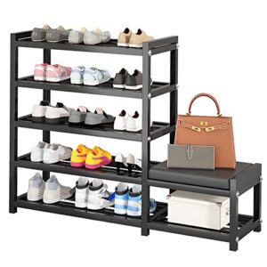 metal shoe rack,shoe rack for entryway, 5-tier shoe rack organizer,free standing shoe racks with shoe changing stool, black shoe shelf organizer for entryway garage bedroom …