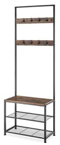 whitmor modern industrial entryway coat rack hall tree w/shoe storage, rustic brown