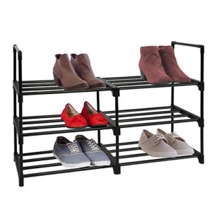 dazhom 3-tier shoe rack, shoe storage organizer metal for closet, stackable shoe tower racks space saving shelf sturdy holds 12-15 pairs for living room, entryway, hallway, black