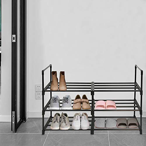 DazHom 3-Tier Shoe Rack, Shoe Storage Organizer Metal for Closet, Stackable Shoe Tower Racks Space Saving Shelf Sturdy Holds 12-15 Pairs for Living Room, Entryway, Hallway, Black