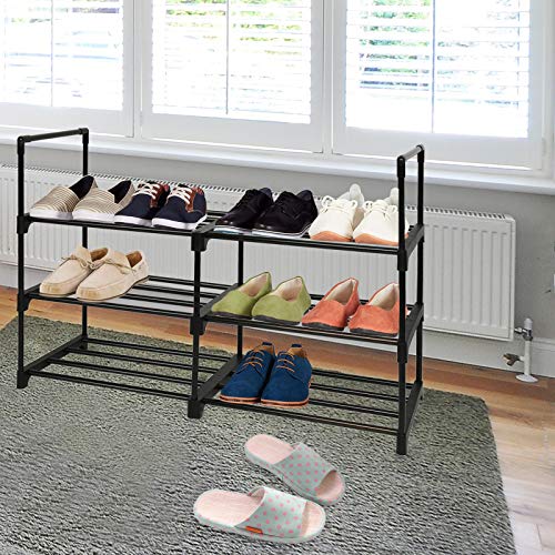 DazHom 3-Tier Shoe Rack, Shoe Storage Organizer Metal for Closet, Stackable Shoe Tower Racks Space Saving Shelf Sturdy Holds 12-15 Pairs for Living Room, Entryway, Hallway, Black