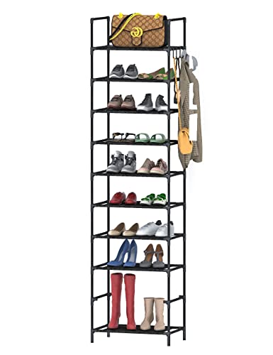 MCMACROS 10 Tiers Tall Free Standing Shoe Racks,Narrow Shoe Shelf Storage 20-24 Pairs Shoes, DIY assembly shoe rack layers,Space-Saving for Closet,Entryway,Anywhere.Black.