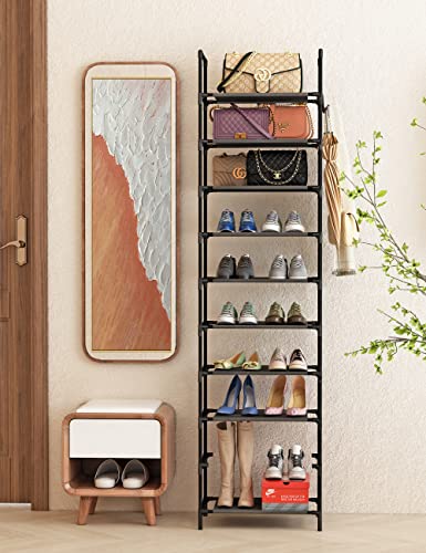 MCMACROS 10 Tiers Tall Free Standing Shoe Racks,Narrow Shoe Shelf Storage 20-24 Pairs Shoes, DIY assembly shoe rack layers,Space-Saving for Closet,Entryway,Anywhere.Black.