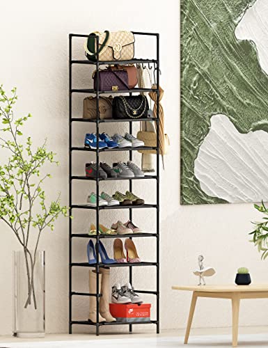 MCMACROS 10 Tiers Tall Free Standing Shoe Racks,Narrow Shoe Shelf Storage 20-24 Pairs Shoes, DIY assembly shoe rack layers,Space-Saving for Closet,Entryway,Anywhere.Black.