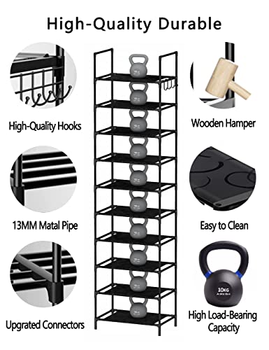 MCMACROS 10 Tiers Tall Free Standing Shoe Racks,Narrow Shoe Shelf Storage 20-24 Pairs Shoes, DIY assembly shoe rack layers,Space-Saving for Closet,Entryway,Anywhere.Black.