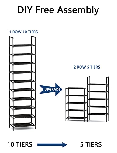 MCMACROS 10 Tiers Tall Free Standing Shoe Racks,Narrow Shoe Shelf Storage 20-24 Pairs Shoes, DIY assembly shoe rack layers,Space-Saving for Closet,Entryway,Anywhere.Black.