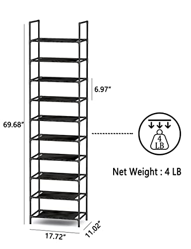 MCMACROS 10 Tiers Tall Free Standing Shoe Racks,Narrow Shoe Shelf Storage 20-24 Pairs Shoes, DIY assembly shoe rack layers,Space-Saving for Closet,Entryway,Anywhere.Black.