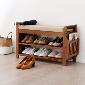 Gdrasuya10 Shoe Rack Bench Freestanding Shoe Rack Boot Organizer with Baskets Drawers for Hallway Entryway Living Room, 2-Tier Bamboo Cushion Storage Shoe Shelf