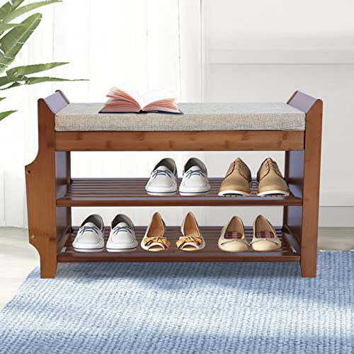 Gdrasuya10 Shoe Rack Bench Freestanding Shoe Rack Boot Organizer with Baskets Drawers for Hallway Entryway Living Room, 2-Tier Bamboo Cushion Storage Shoe Shelf